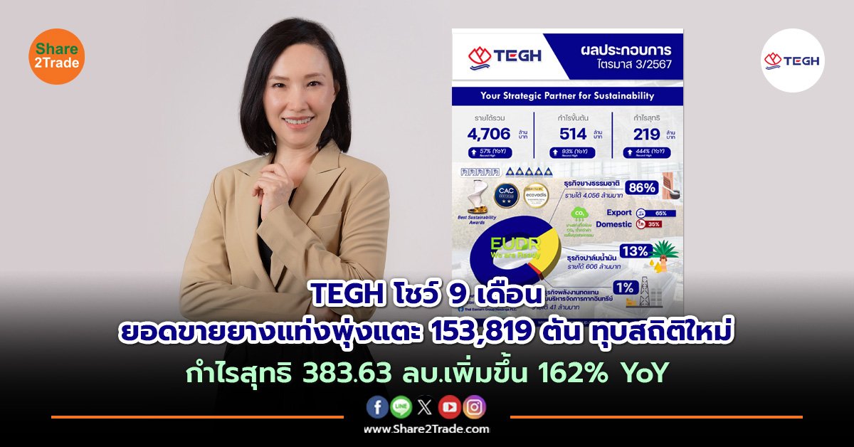 TEGH โชว์ 9 เดือนยอดขายยางแท่งพุ่งแตะ 153,819 ตัน ทุบสถิติใหม่ กำไรสุทธิ 383.63 ลบ.เพิ่มขึ้น 162 ...